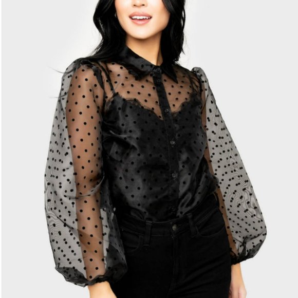 Gibson | Tops | Megan Sheer Sleeve Pin Dot Blouson Sleeve Top | Poshmark